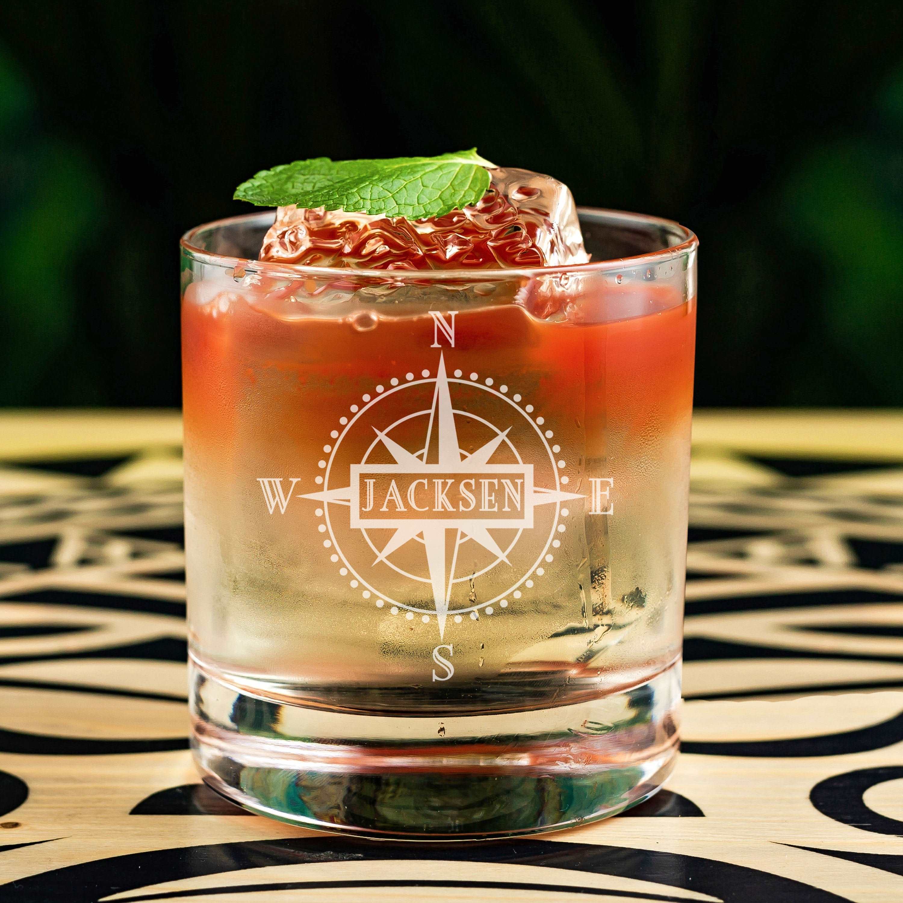 Personalized Etched Compass Monogram Whiskey Glass